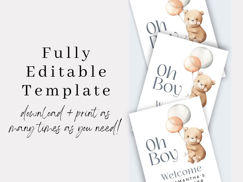 Oh Boy Baby Shower Welcome Sign Template Teddy Bear Baby - Etsy