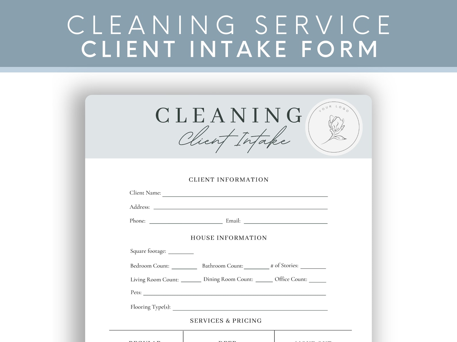 Professional Residential Cleaning Service Client Intake Form, Editable ...