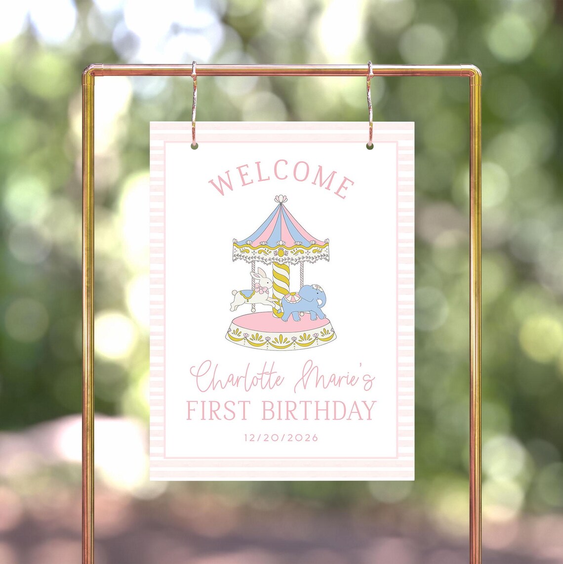 Pink Carousel First Birthday Welcome Sign Template, Carousel Birthday ...