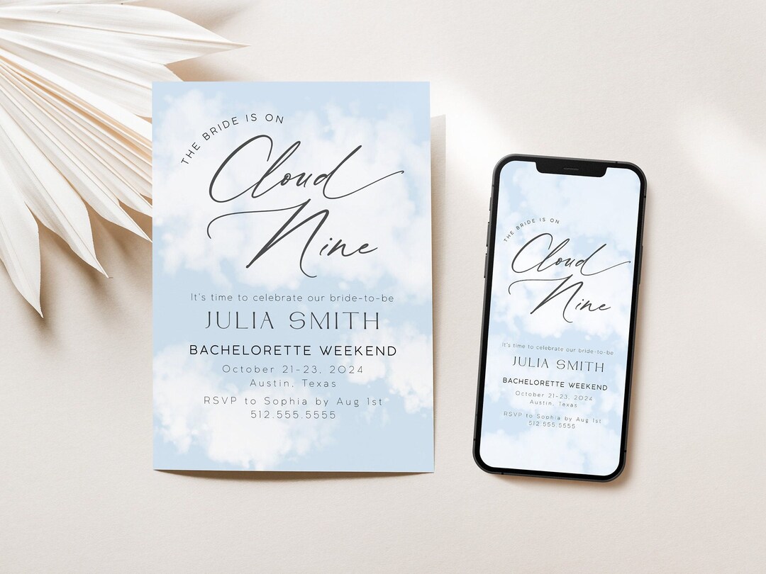 On Cloud Nine Bachelorette Weekend Invitation Template, the Bride is on Cloud Nine, Cloud 9 ...