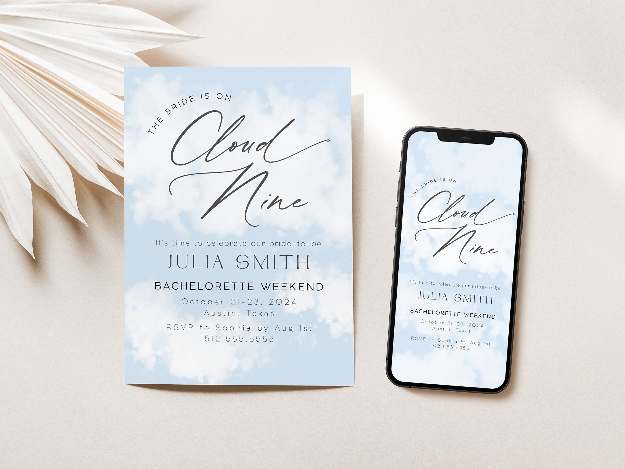 On Cloud Nine Bachelorette Weekend Invitation Template, the Bride is on ...