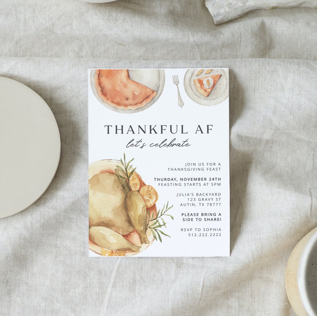 Thankful AF Friendsgiving Dinner Invitation, Autumn Thanksgiving ...