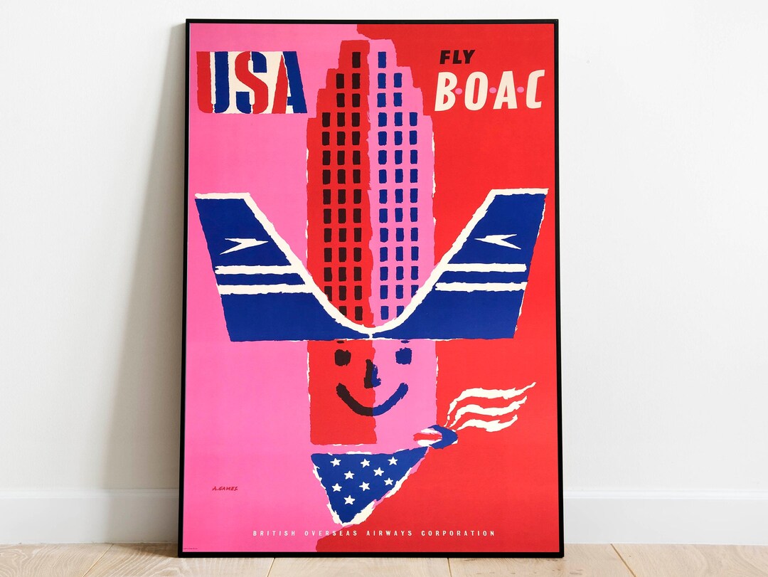 Vintage USA Travel Poster: BOAC Airplane Art Print - Etsy