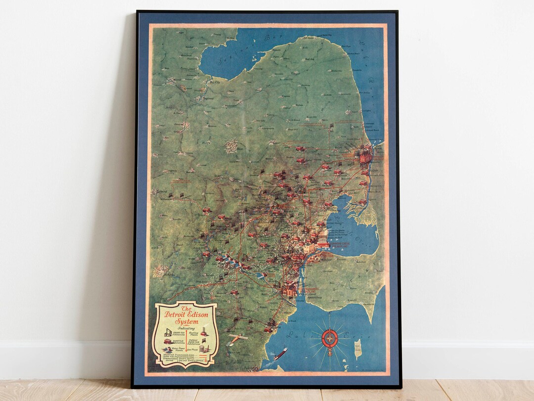 Detroit Electric Utility From 1928 Map Wall Poster Framed Art Wall ...