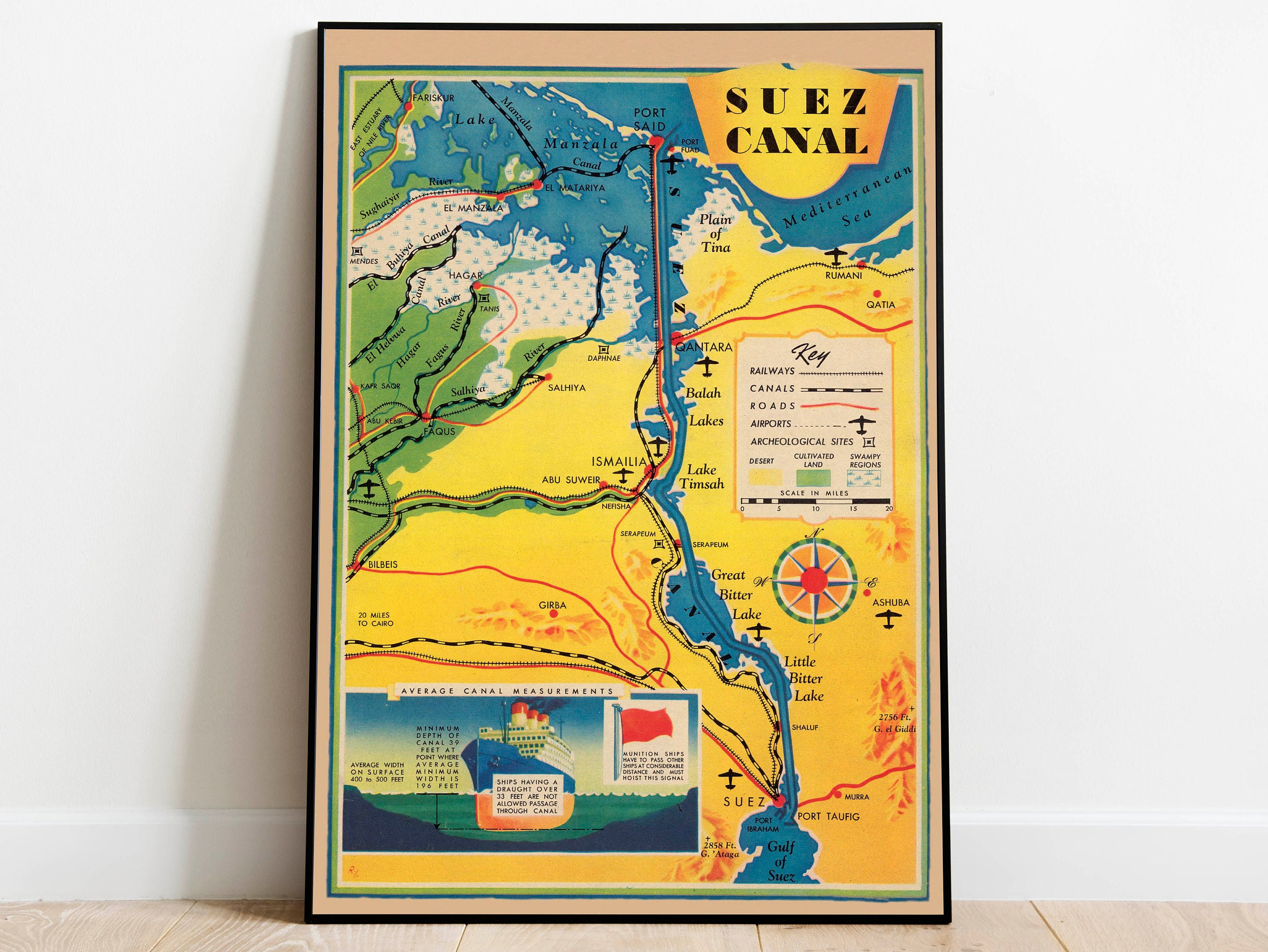 Suez Canal Travel Poster Vintage Travel Print Egypt Wall Art | Etsy