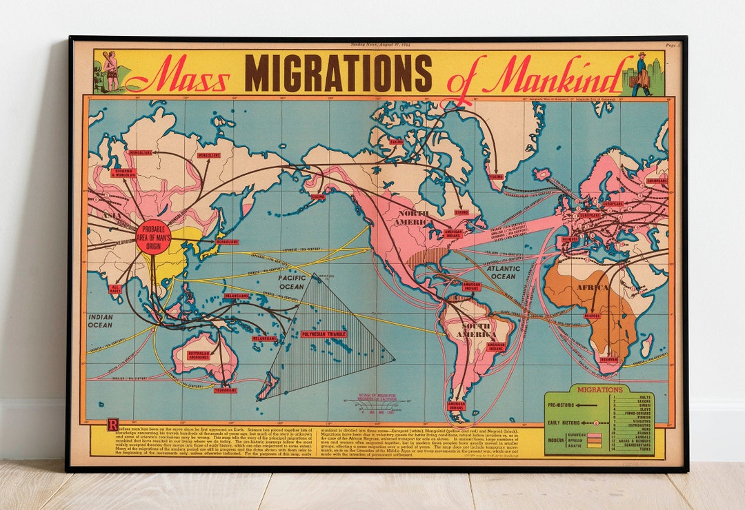 Human Migrations of the World Map Wall Poster Framed Art Wall Decor ...