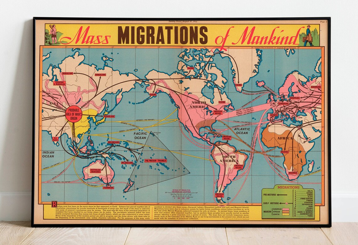 Vintage Human Migrations World Map: Framed Canvas Wall Art - Etsy