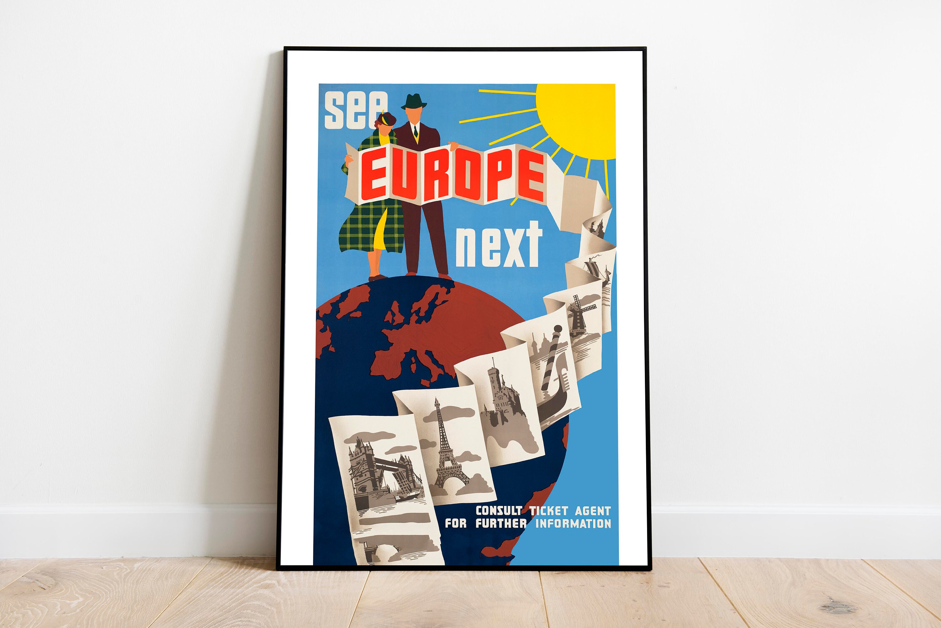 Europe Vintage Travel Poster Framed Wall Art Prints Hanger | Etsy