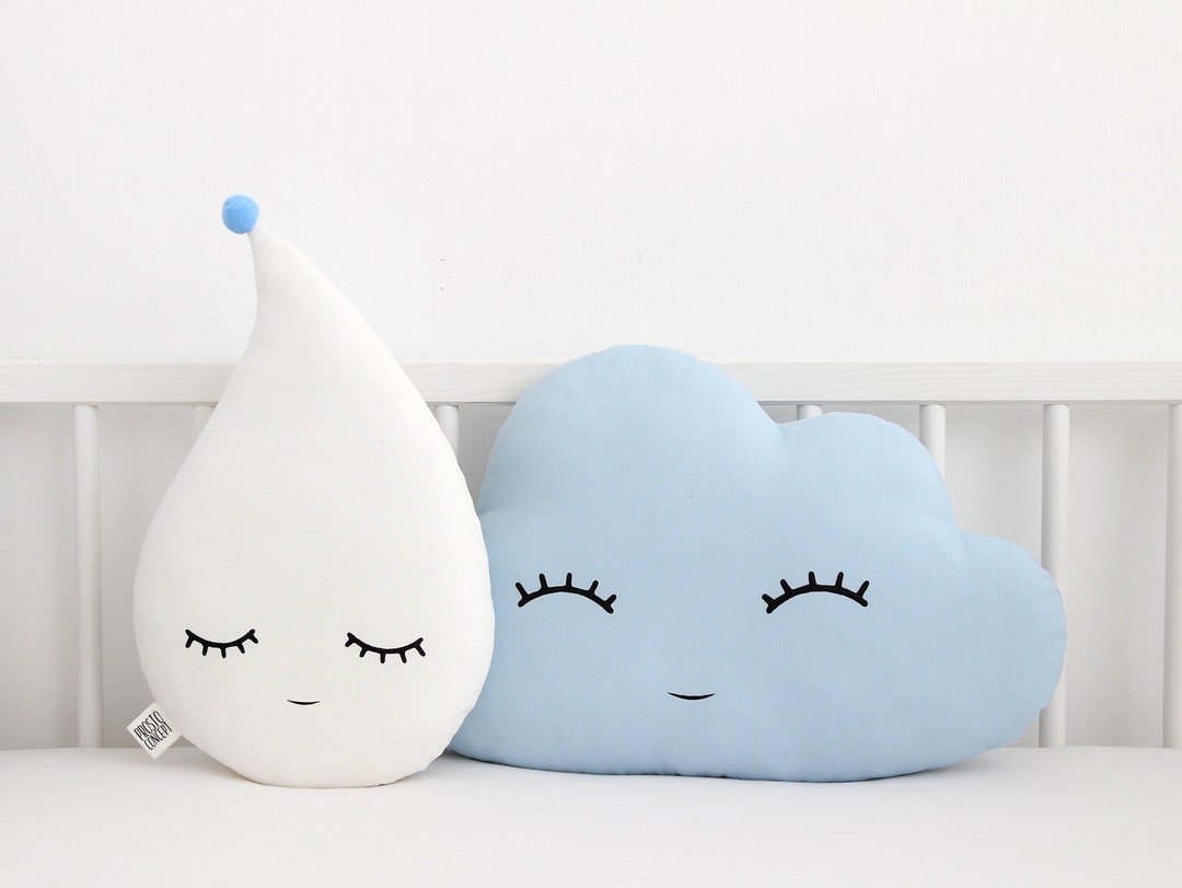 Cloud and Raindrop Cushion, Baby Blue With White Throw Pillows for Boy ...
