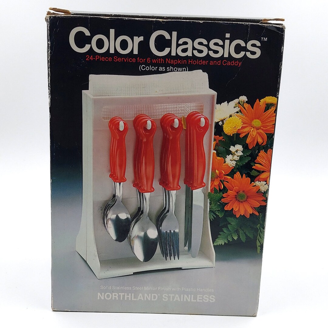Vintage Orange Flatware Set With Caddy: Mid-century Kitchen Cutlery ...
