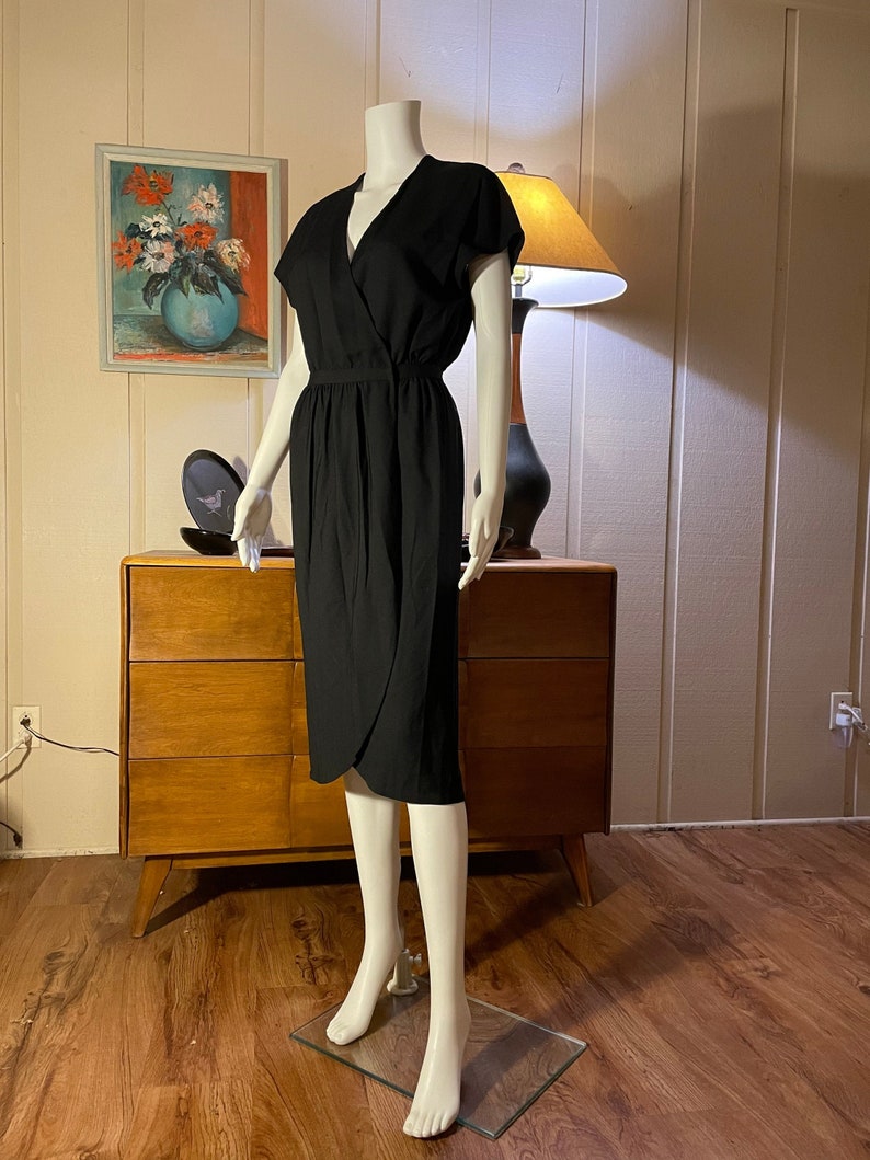 Vintage Authentic HALSTON Chic 1970s Black Linen Wrap Dress Midi Day Dress RARE 70s Designer ...