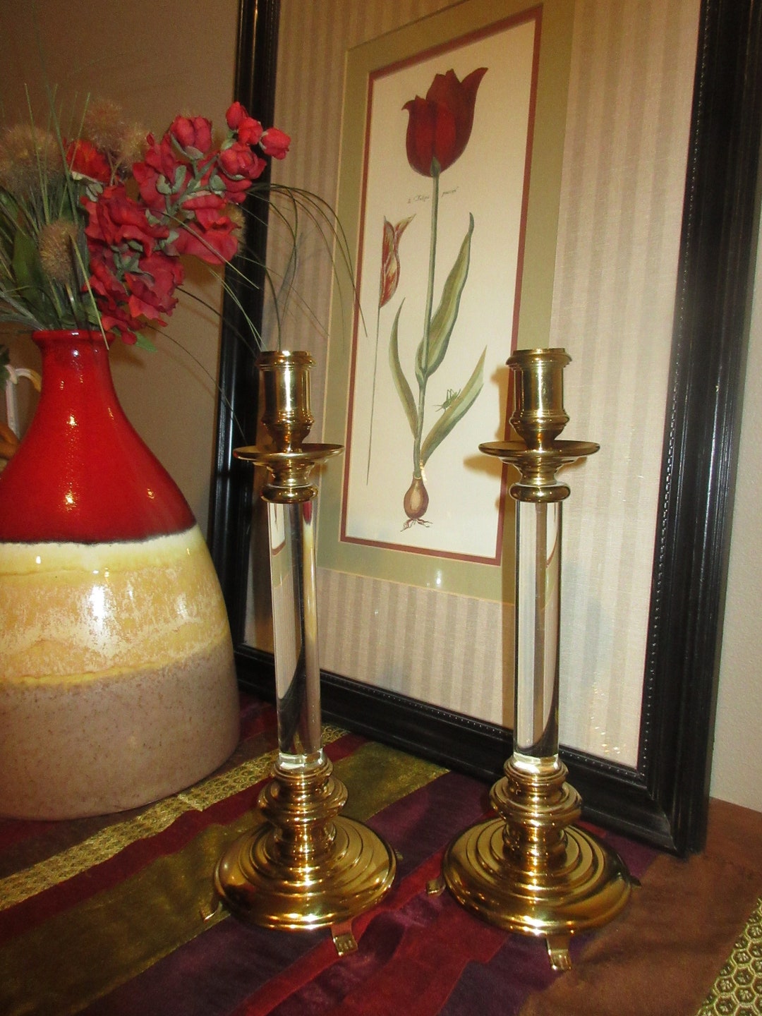 Brass Pair Candlestick Claw Foot Style Clear Lucite Type Stem Set ...