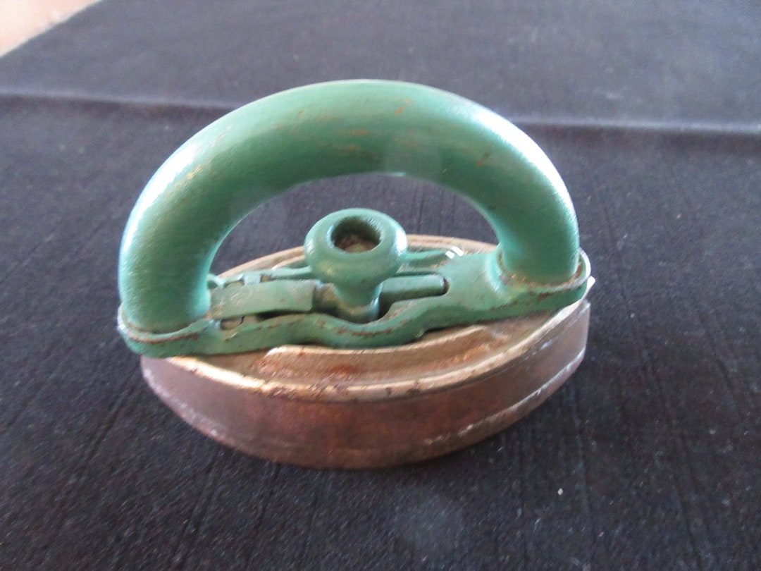 Vintage Antique Sad Iron GREEN Wooden Handle Delicate, Small, Miniature ...
