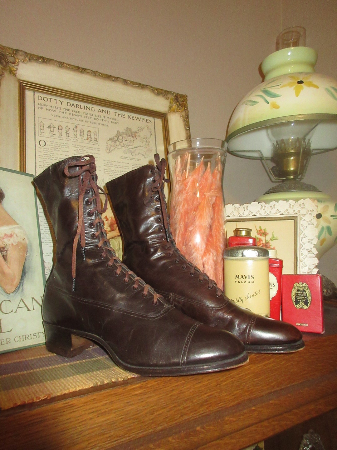 Vintage Edwardian DK Brown Womens Hightop Leather Shoes / Boots Laces ...