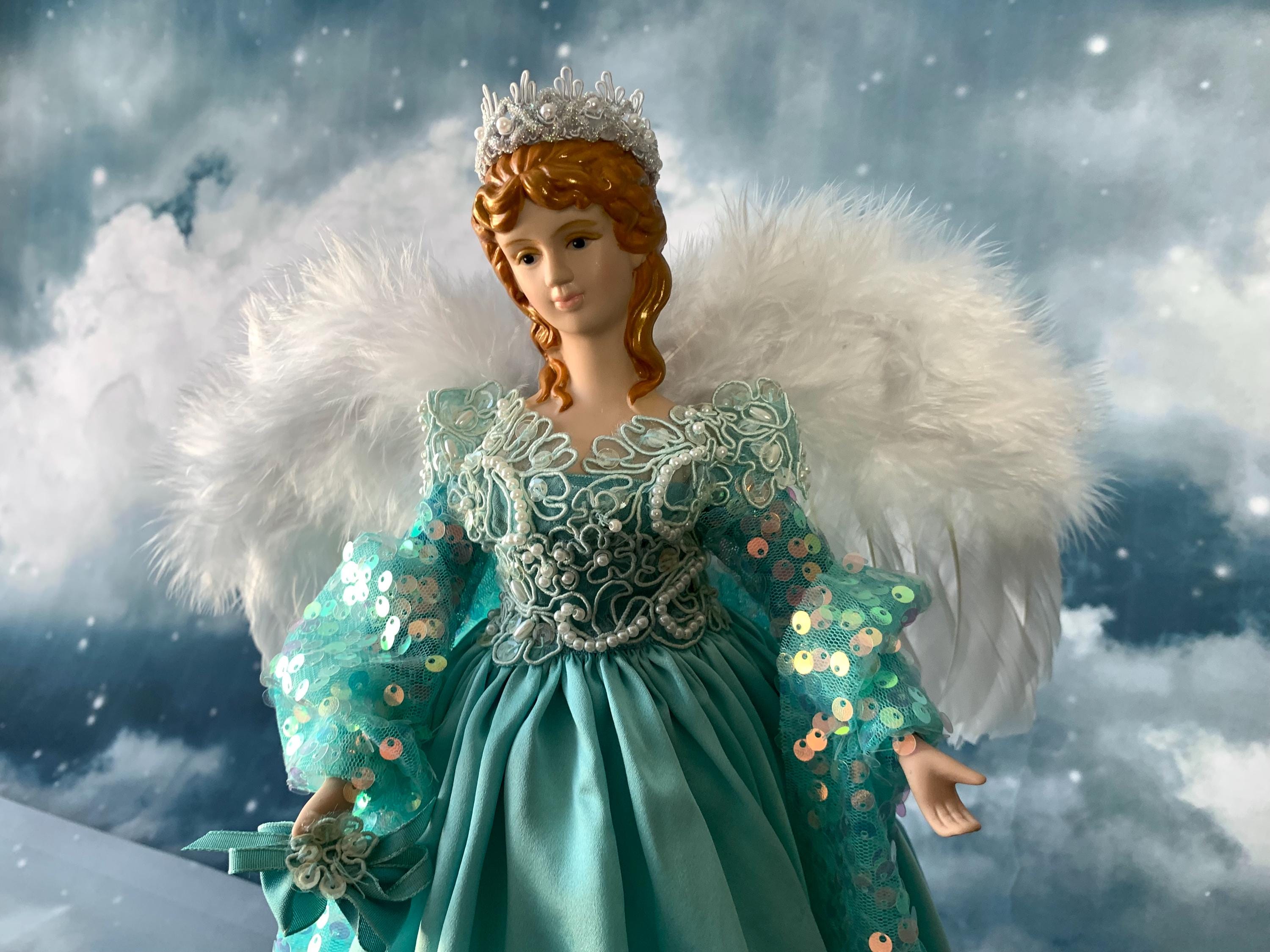 Aqua Angel Christmas Tree Topper, Angel Art Doll for Mantel or Table ...