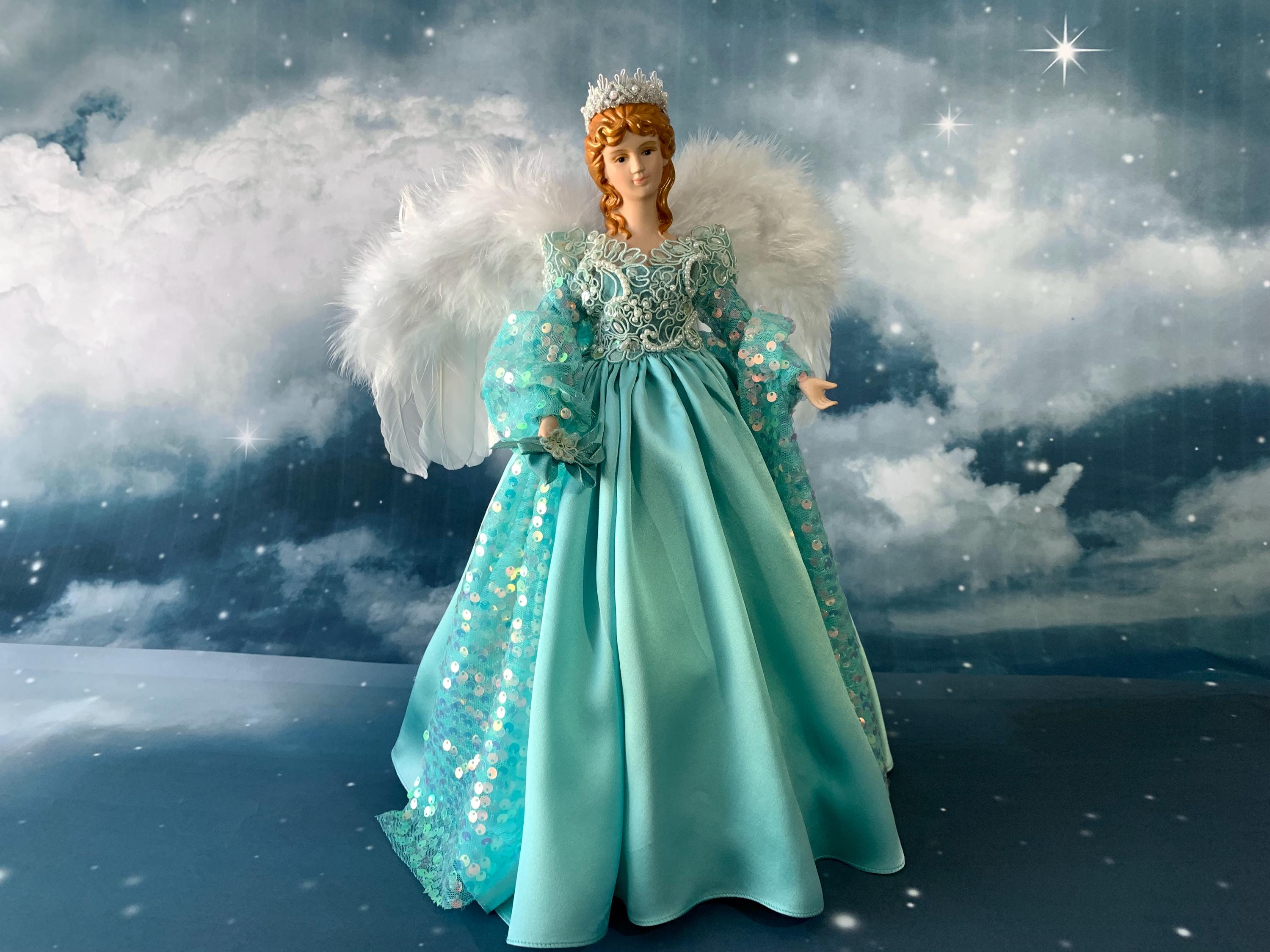 Aqua Angel Christmas Tree Topper, Angel Art Doll for Mantel or Table ...
