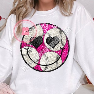 Sparkly Baseball PNG Smiley Face PNG Pink Faux Glitter Baseball Vibes ...