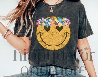 Distressed Boho Smiley Face PNG Boho Flowers PNG Retro PNG Smiley Face ...
