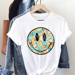 Retro PNG Boho Distressed Smiley Face PNG Bohemian PNG Vintage Flowers ...