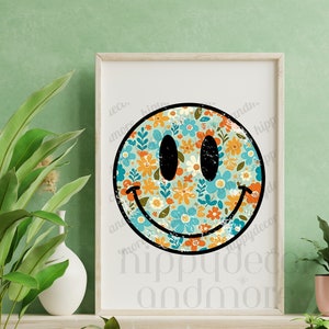 Retro PNG Boho Distressed Smiley Face PNG Bohemian PNG Vintage Flowers ...