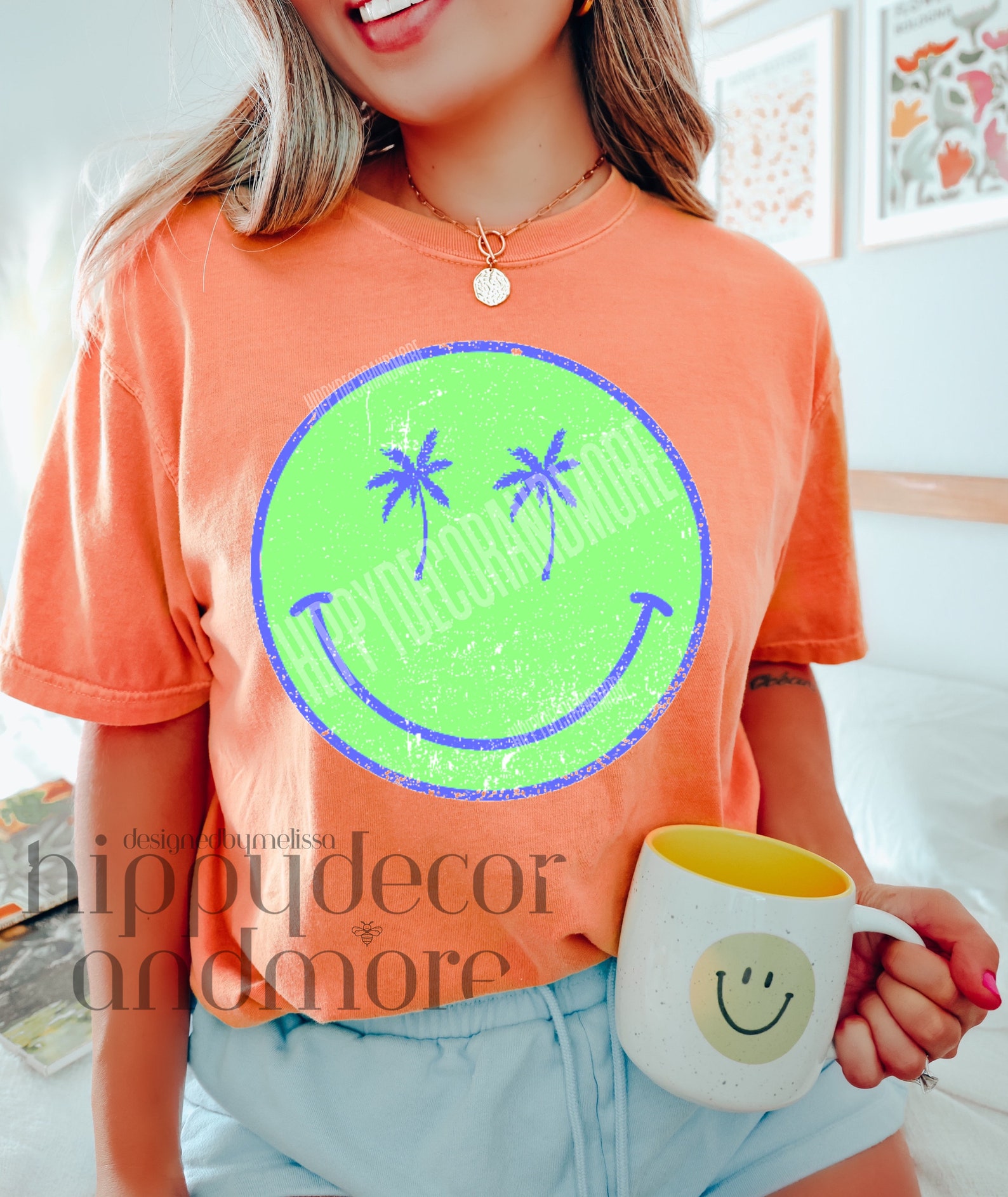Distressed Retro Palm Trees Smiley Face PNG Boho PNG Smiley Sublimation ...