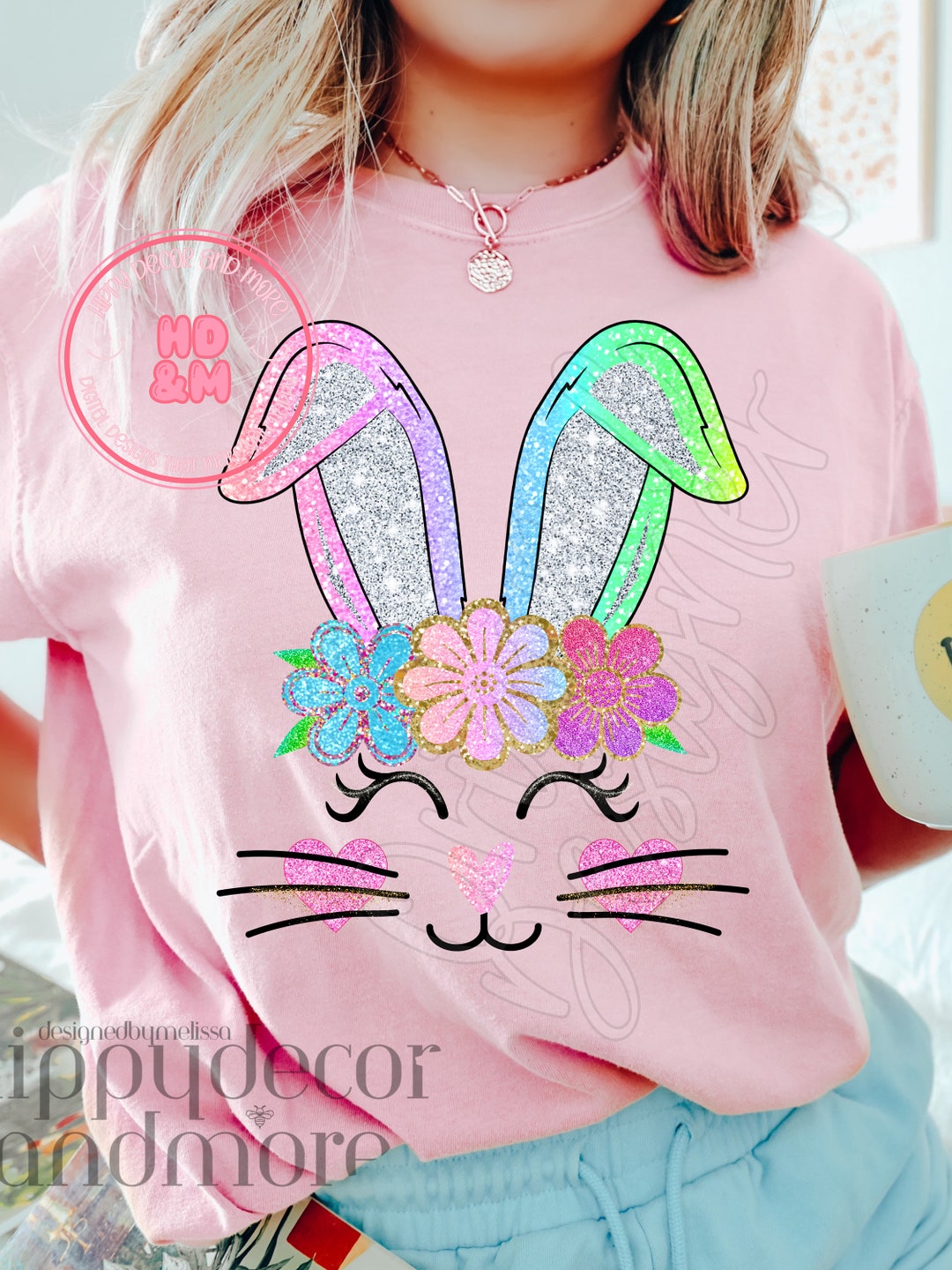 Sparkly Bunny PNG Easter Shirt Design Rainbow Glitter Easter Bunny PNG ...