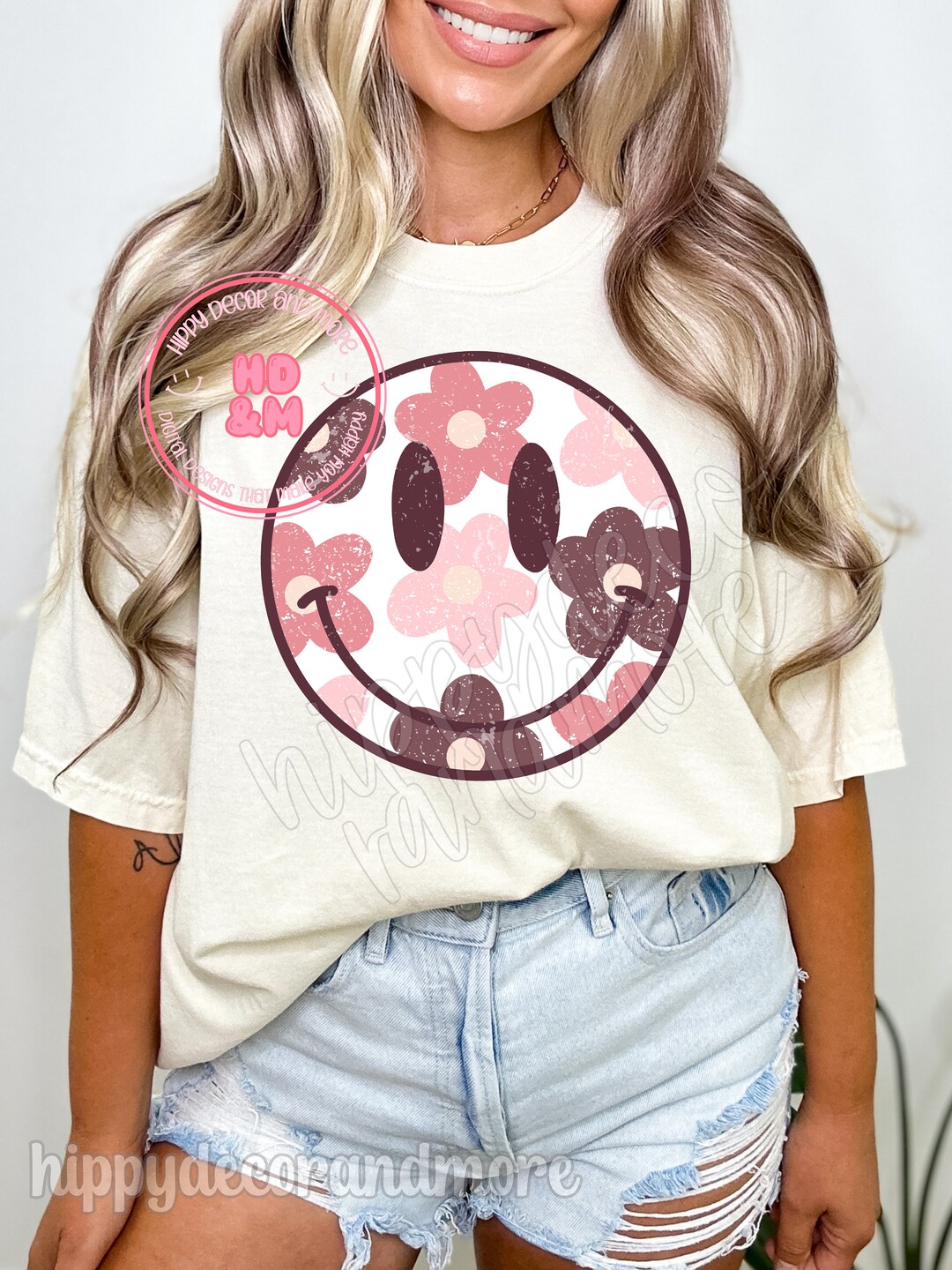 Distressed Boho Smiley Face PNG Boho Flowers PNG Retro PNG Smiley Face ...