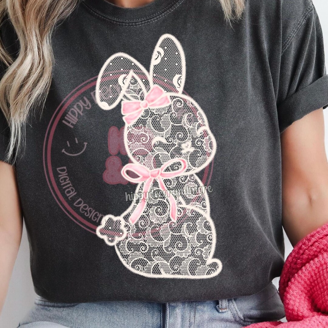 Hand Drawn Bunny PNG Easter PNG Bunny PNG Faux Embroidery Lace Coquette ...