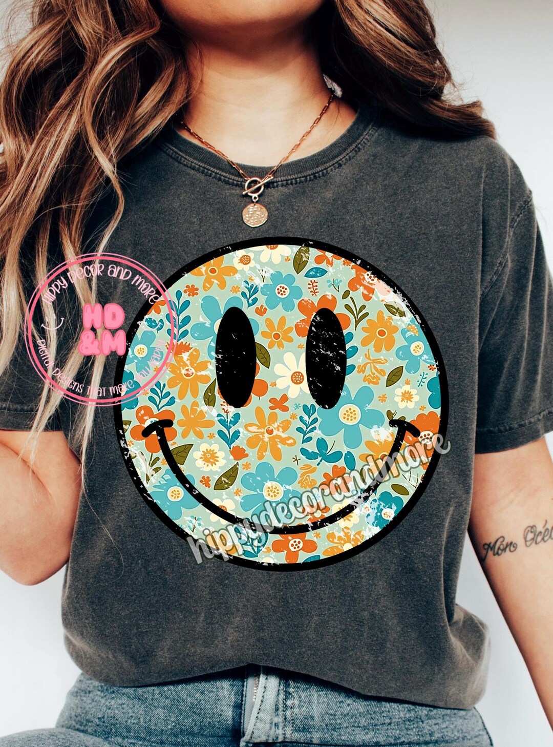 Retro PNG Boho Distressed Smiley Face PNG Bohemian PNG Vintage Flowers ...