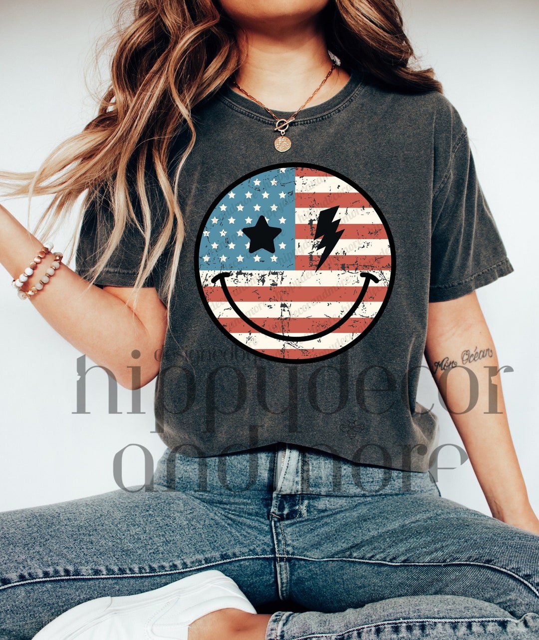 Retro American Flag Smiley Face PNG America Png Fourth of July - Etsy