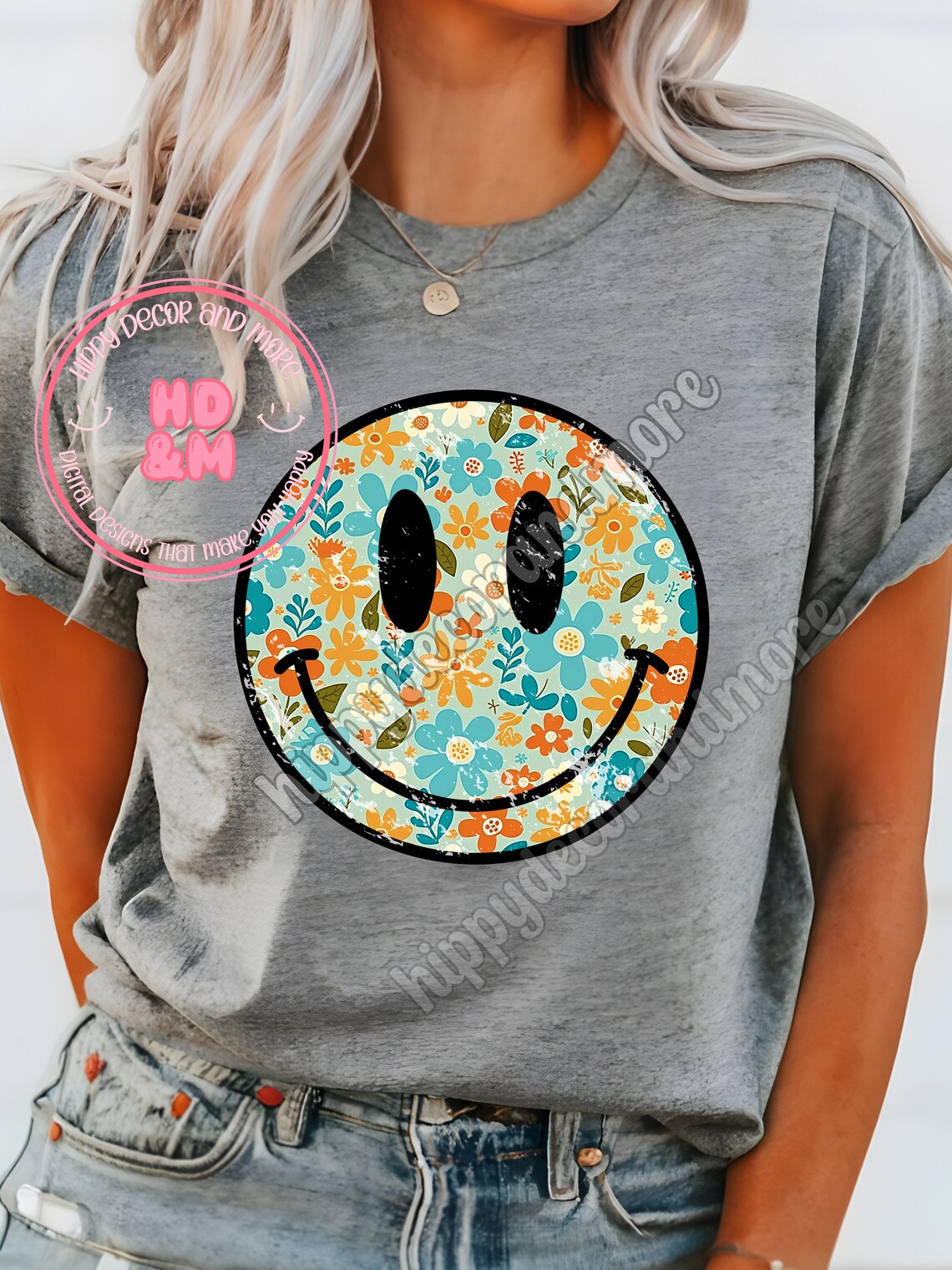 Retro PNG Boho Distressed Smiley Face PNG Bohemian PNG Vintage Flowers ...