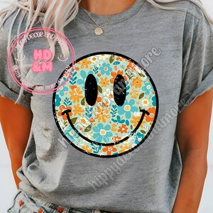 Retro PNG Boho Distressed Smiley Face PNG Bohemian PNG Vintage Flowers ...