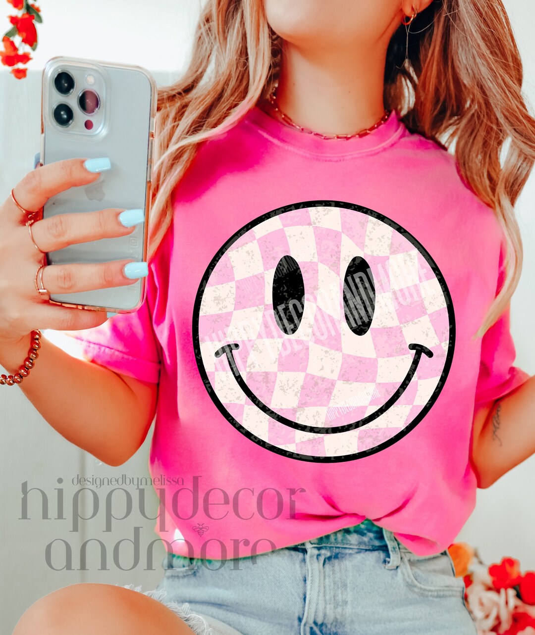Checkered Smiley Face PNG Pink Checks PNG Distressed Smiley PNG Retro ...