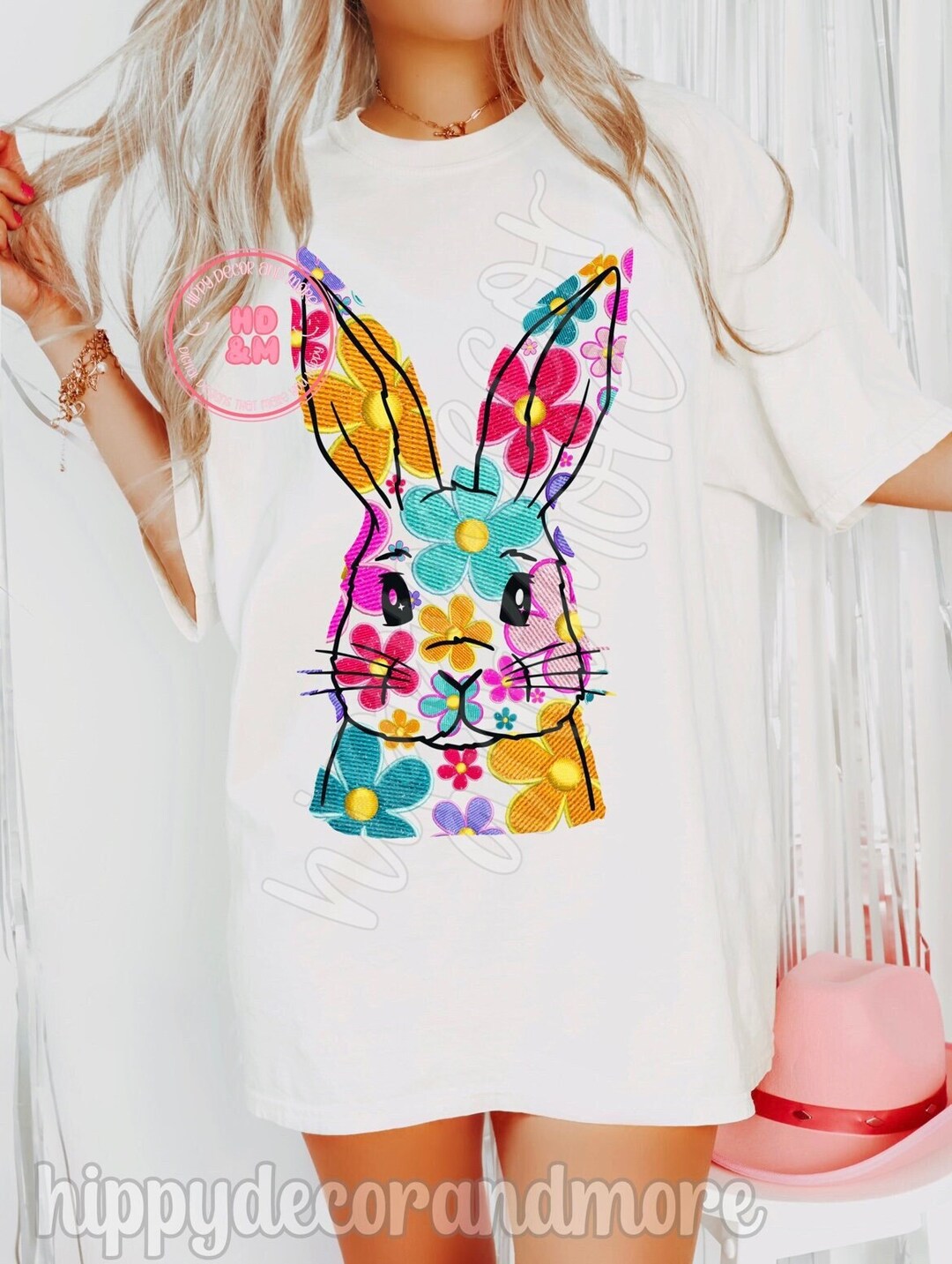 Easter Bunny PNG Faux Embroidered Daisys PNG Flowers Spring Easter ...