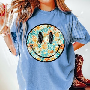 Retro PNG Boho Distressed Smiley Face PNG Bohemian PNG Vintage Flowers ...