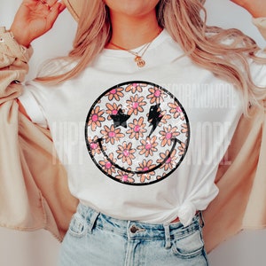 Distressed Retro Smiley Face PNG Bohemian Flowers Boho Smiley Transfer ...