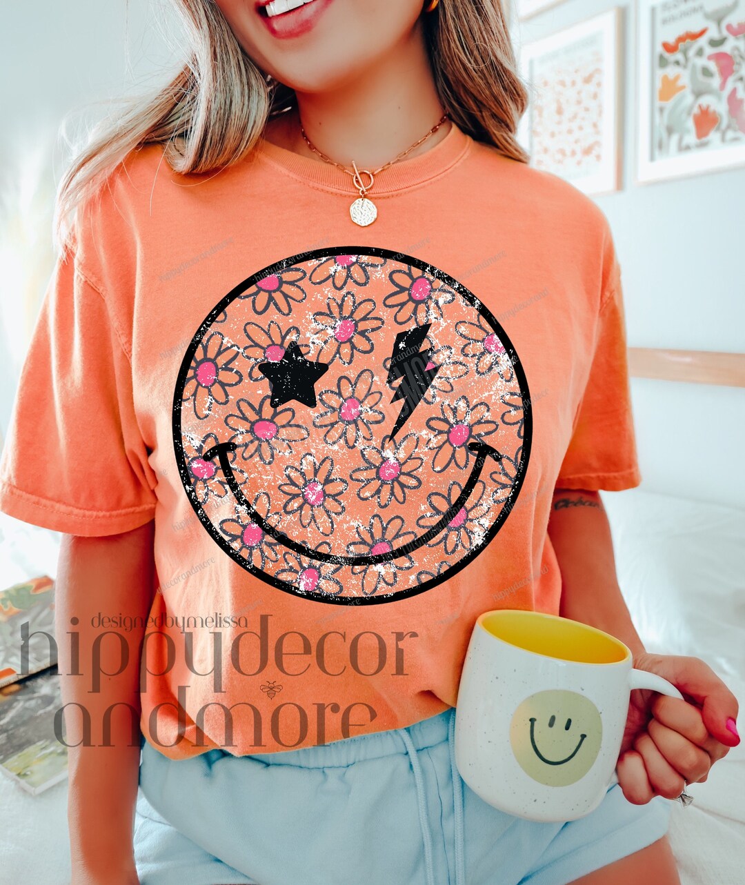 Distressed Retro Smiley Face PNG Bohemian Flowers Boho Smiley Transfer ...