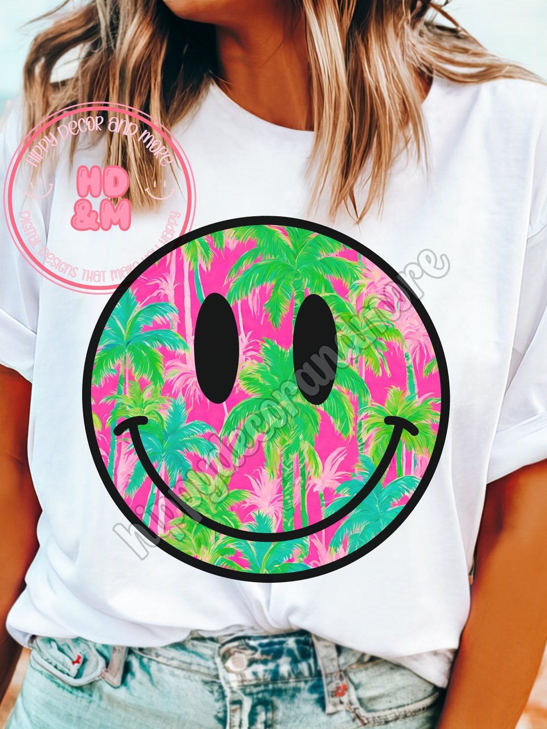 Palm Tree Smiley Face PNG Tropical Beach Vibes Neon Pink Green Palm ...