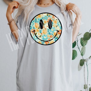 Retro PNG Boho Distressed Smiley Face PNG Bohemian PNG Vintage Flowers ...