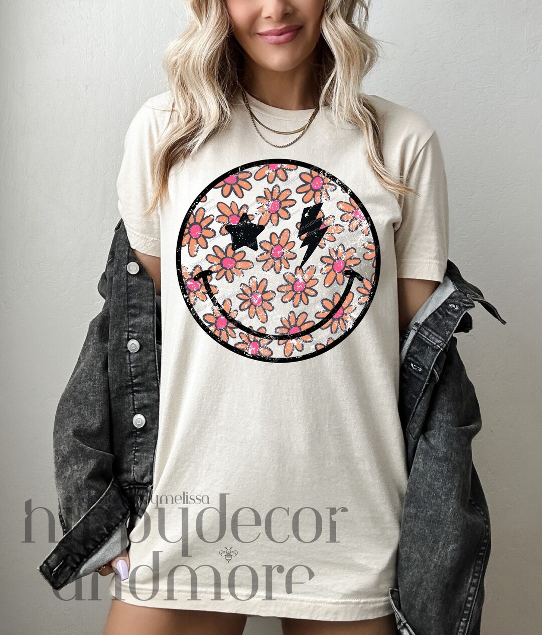 Distressed Retro Smiley Face PNG Bohemian Flowers Boho Smiley - Etsy