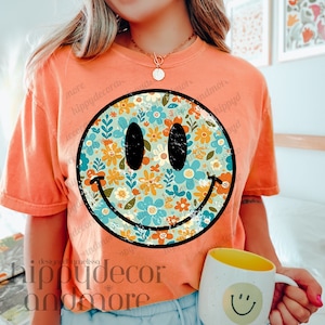 Retro PNG Boho Distressed Smiley Face PNG Bohemian PNG Vintage Flowers ...
