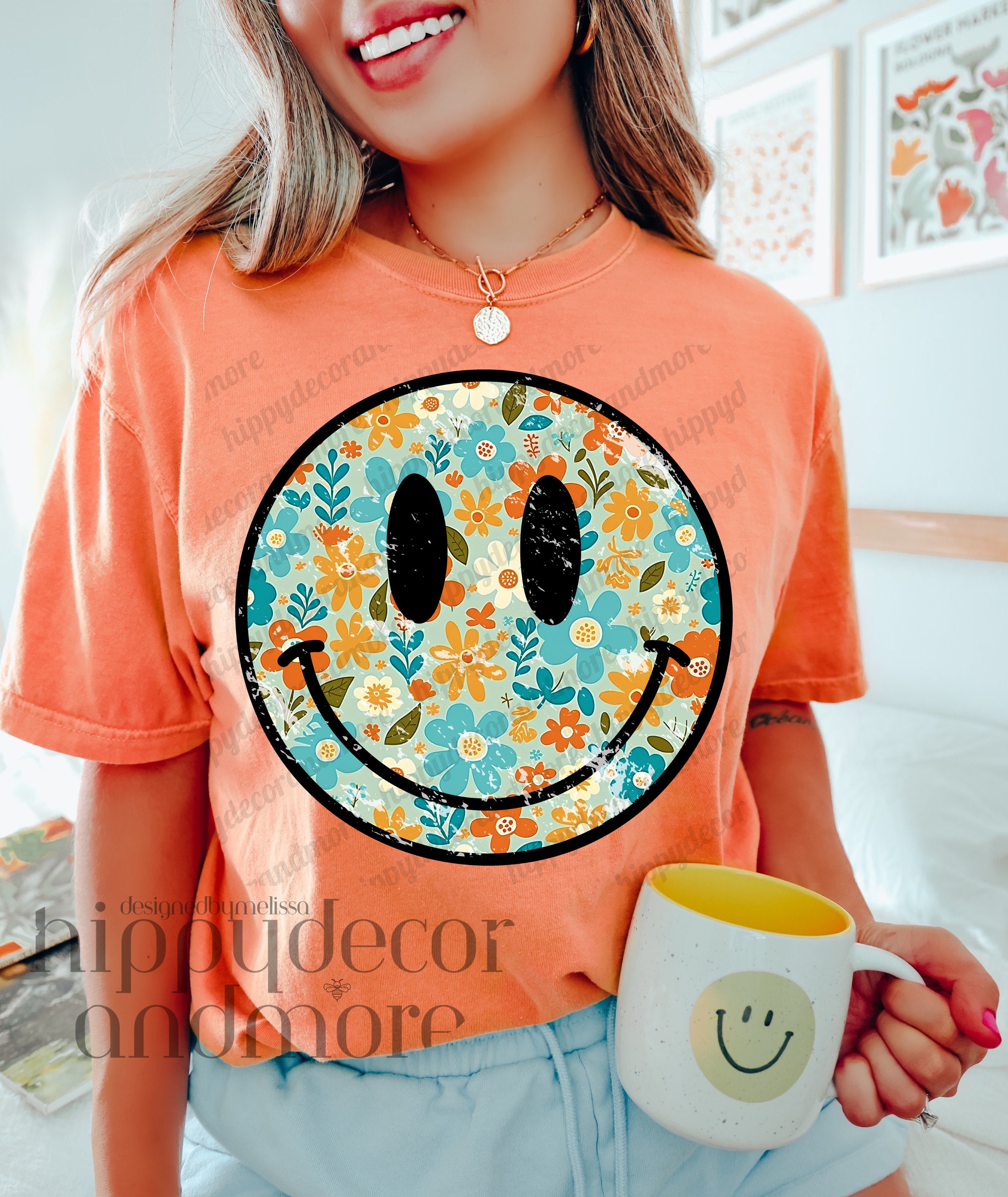 Retro PNG Boho Distressed Smiley Face PNG Bohemian PNG Vintage Flowers ...