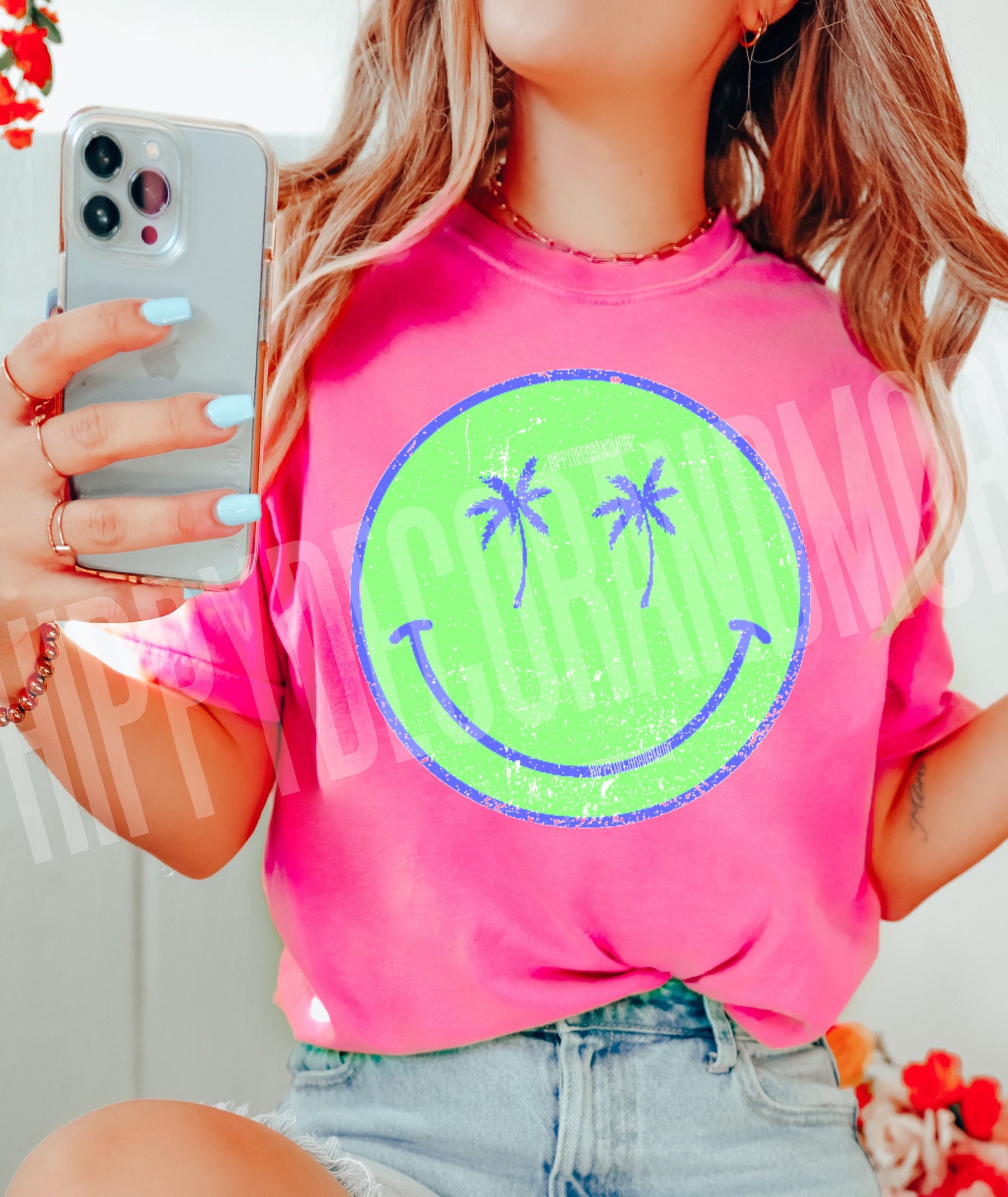 Distressed Retro Palm Trees Smiley Face PNG Boho PNG Smiley Sublimation ...