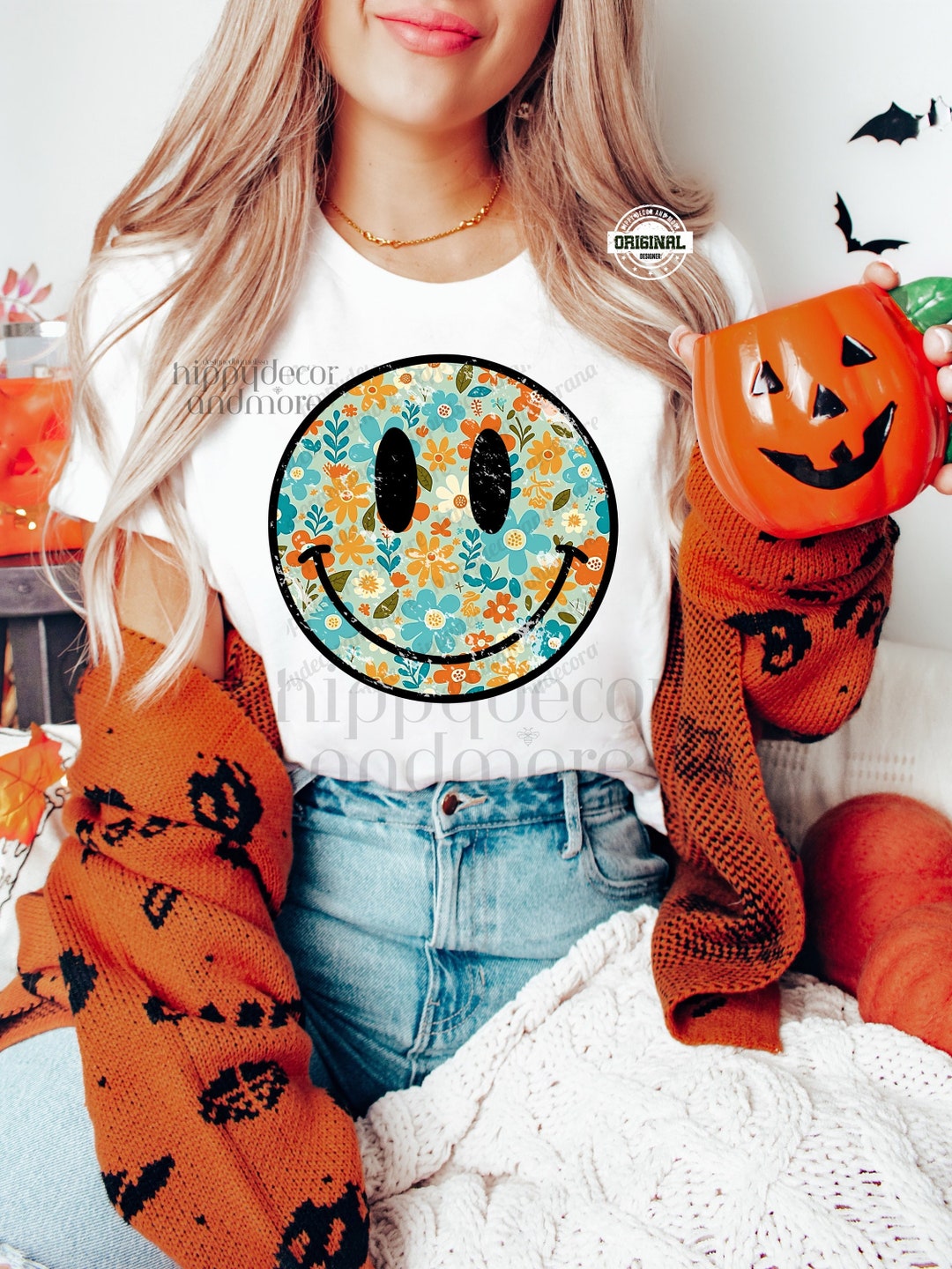 Retro PNG Boho Distressed Smiley Face PNG Bohemian PNG Vintage Flowers ...