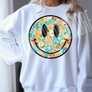 Retro PNG Boho Distressed Smiley Face PNG Bohemian PNG Vintage Flowers ...