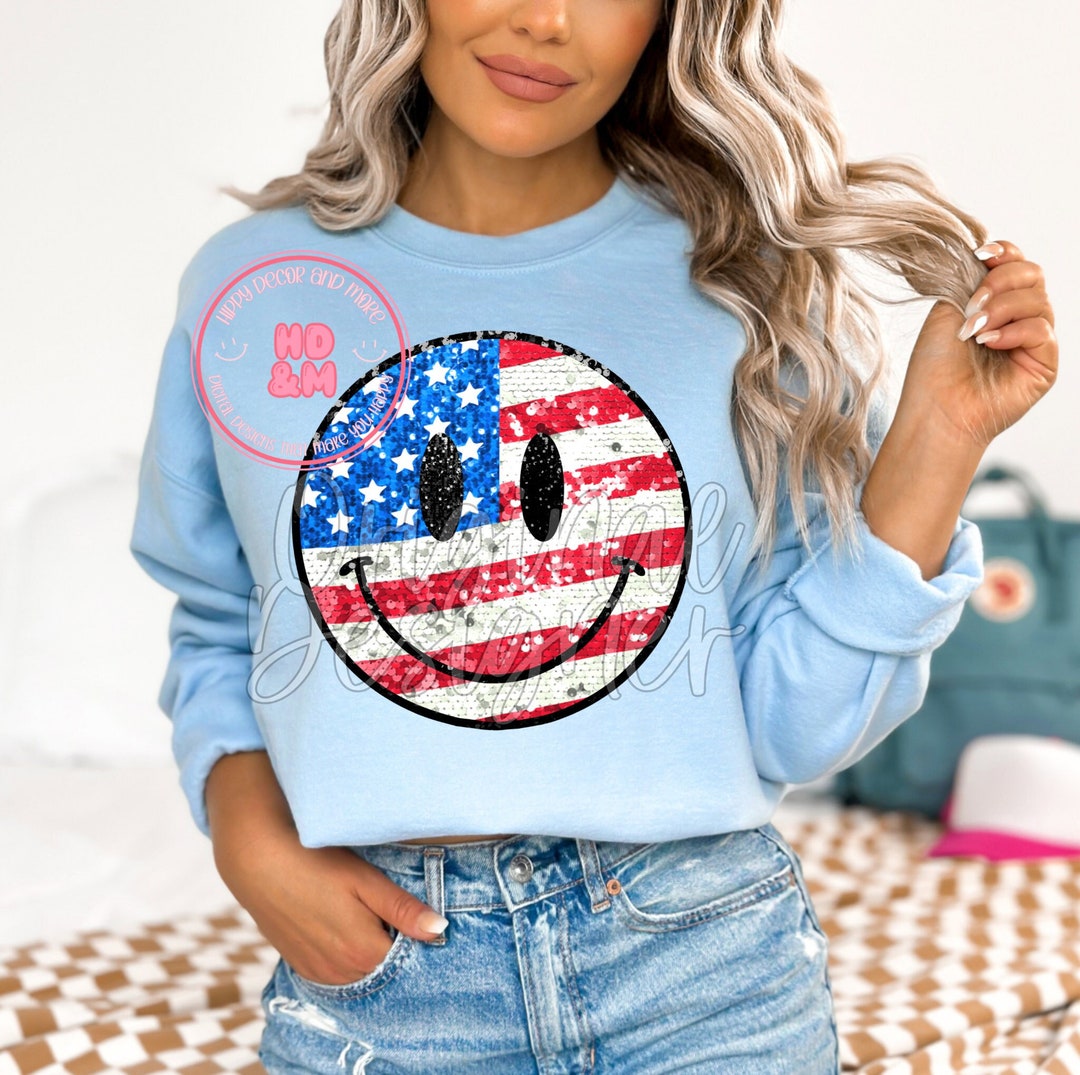 4th of July Smiley Face PNG Faux Sequins American Flag Smiley PNG USA ...