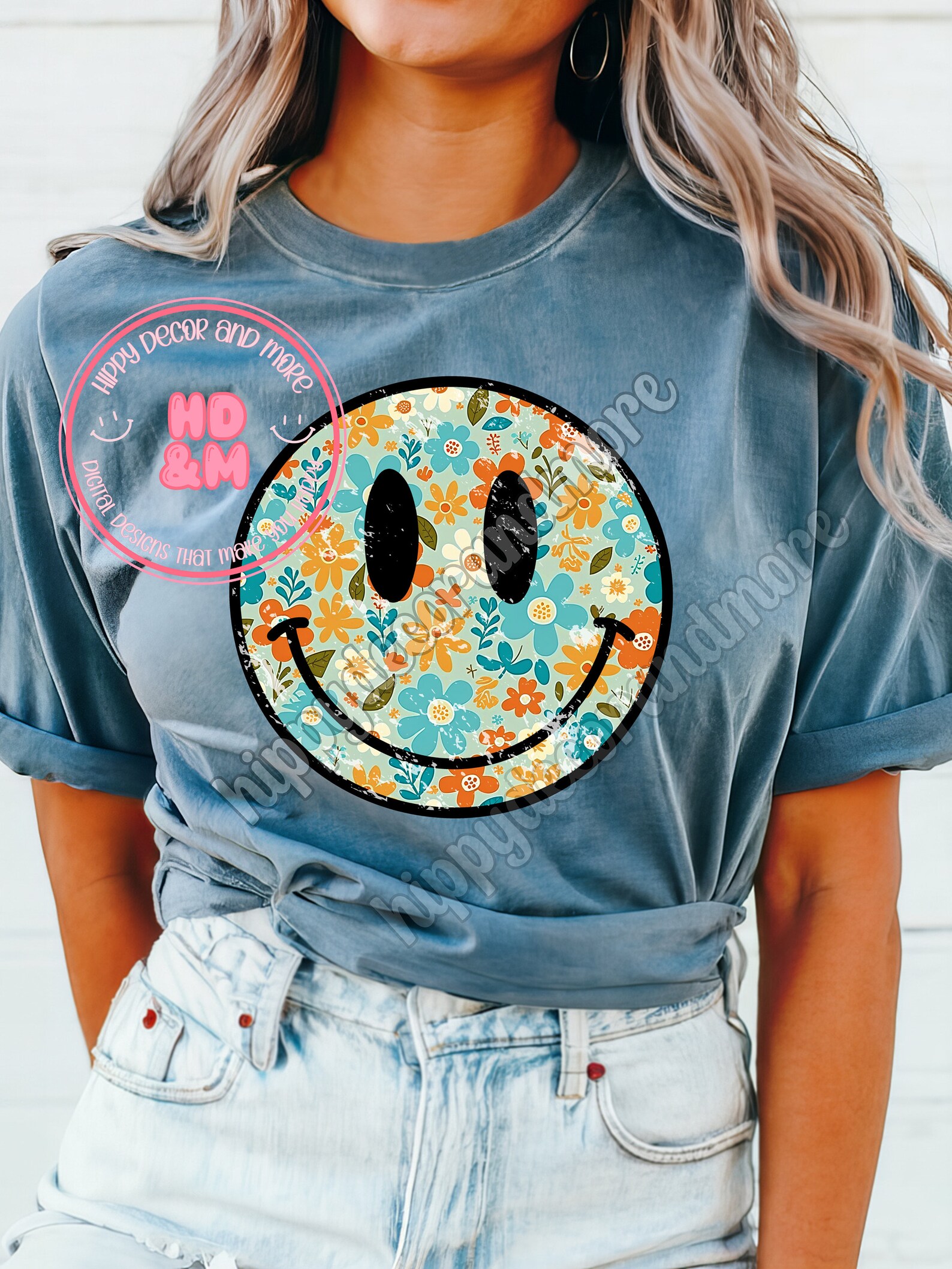 Retro PNG Boho Distressed Smiley Face PNG Bohemian PNG Vintage Flowers ...