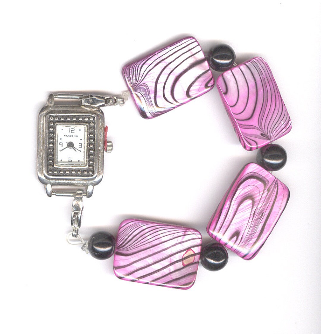 Magenta Zebra Beaded Watch, Single Strand Watch, Little Watch, Silver ...