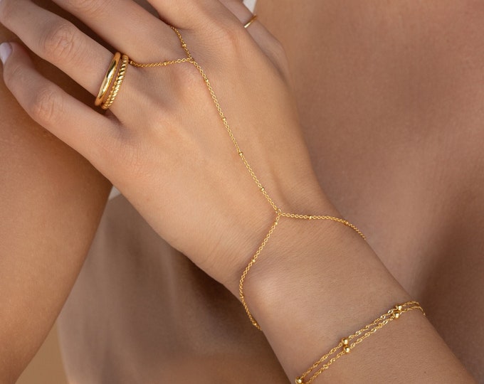 Beaded Gold Filled Hand Chain | Ring Bracelet | Rose Gold Filled Hand ...