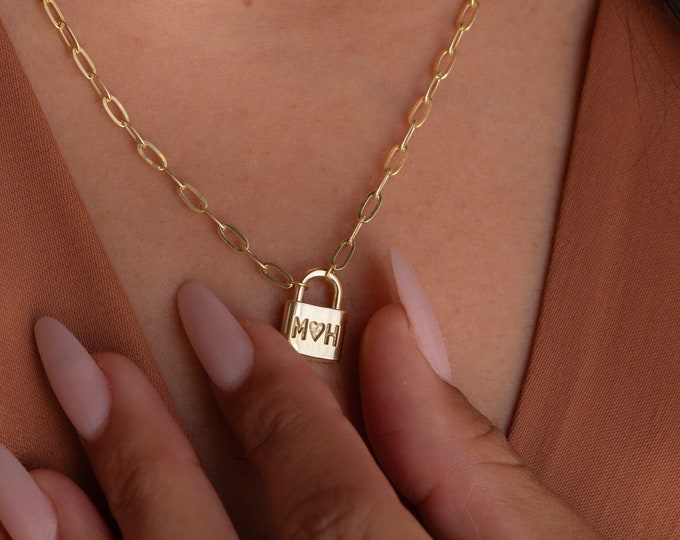 Paperclip Chain Padlock Necklace - GOLD | Engraved Padlock Necklace ...